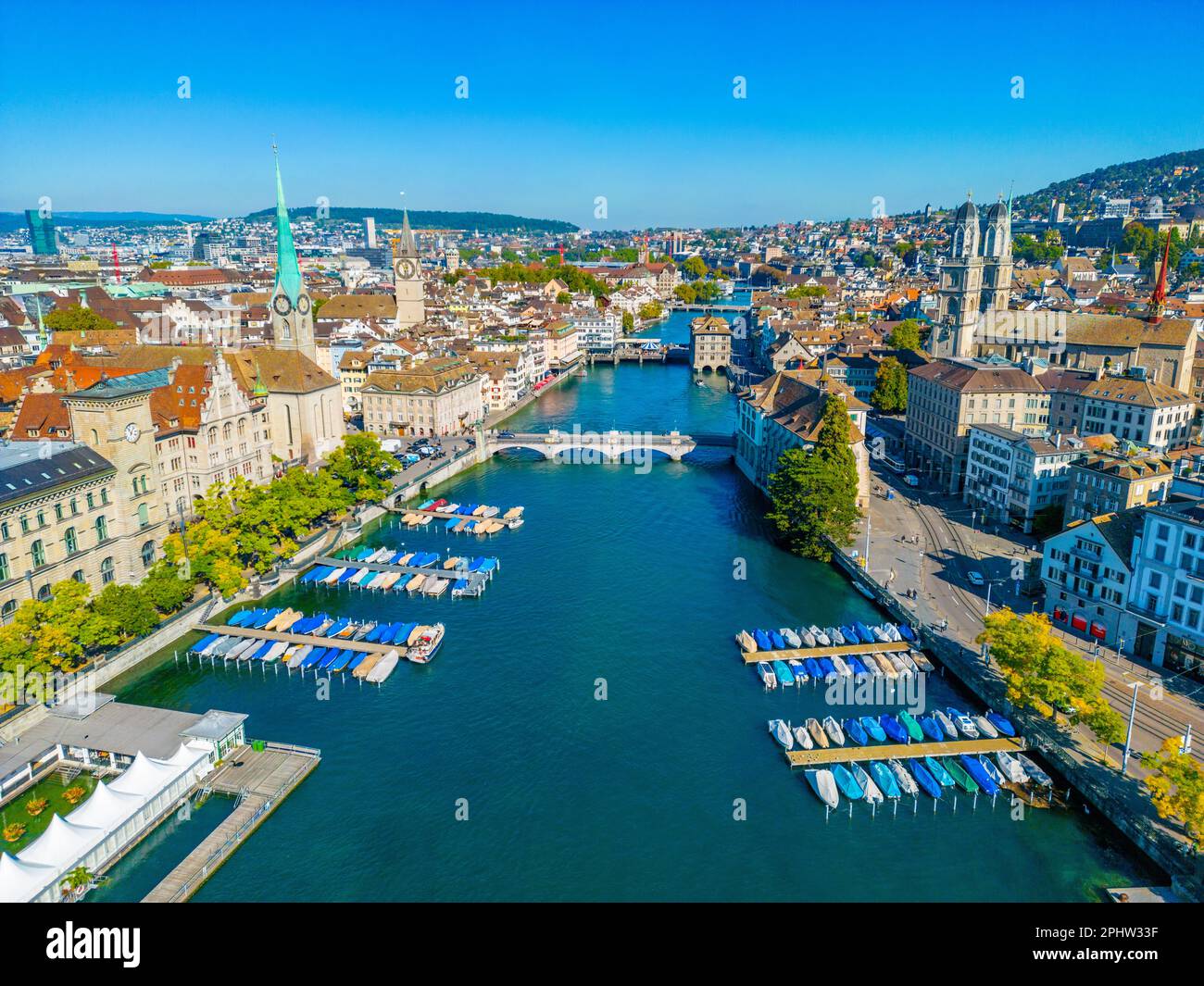 Aerial view of riverside of Swiss river Limmat in Zuerich Stock Photo ...