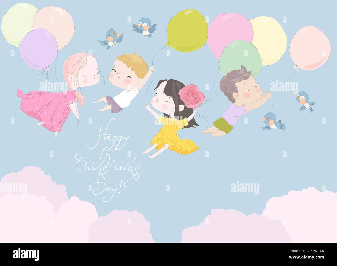 Cartoon Happy Kids flying with Balloons in the Sky Stock Vector Image ...