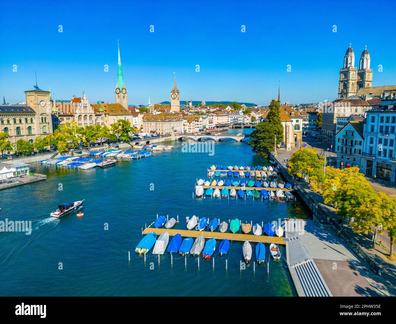 Aerial view of riverside of Swiss river Limmat in Zuerich Stock Photo ...
