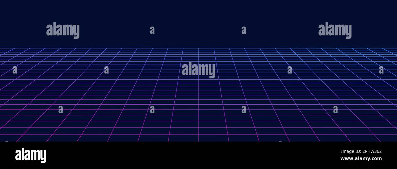 Perspective grid abstract background. Wireframe neon landscape banner ...