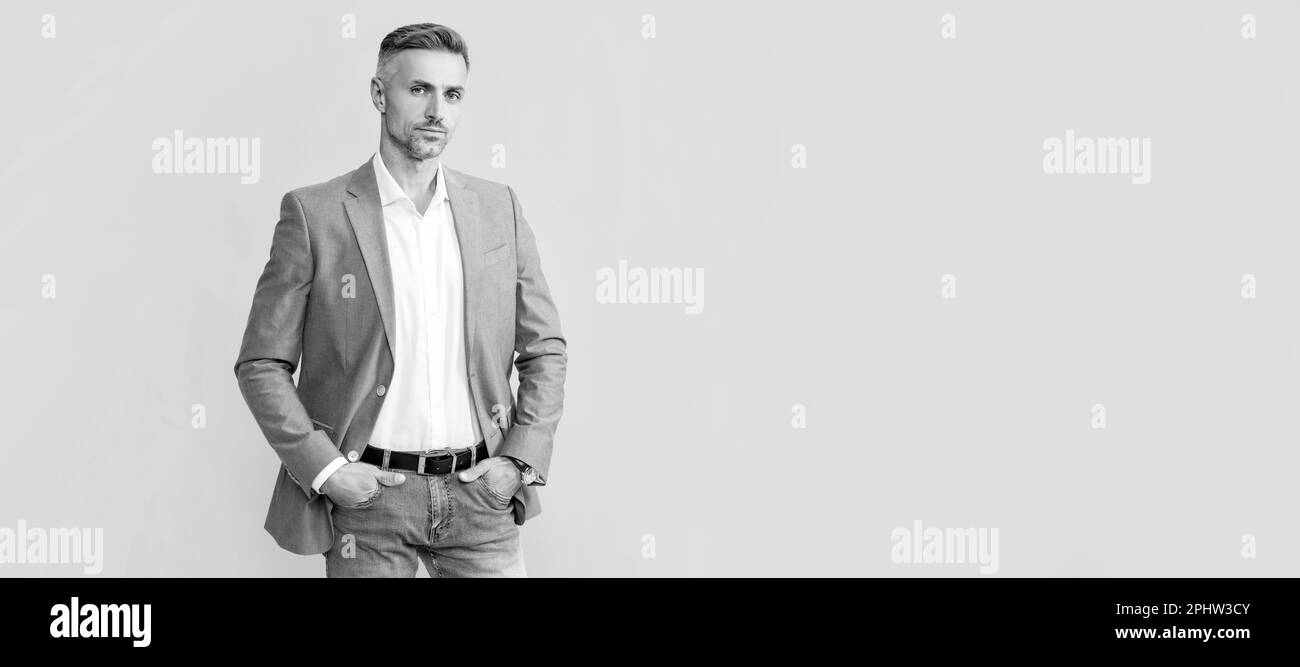 Man face portrait, banner with copy space. successful man in ...