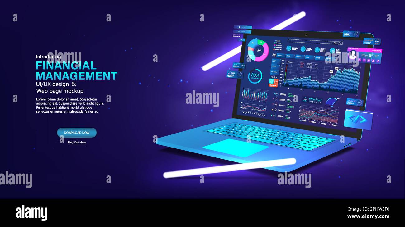 Futuristic 3D laptop with analytical dashboard. Analysis trends Stock ...