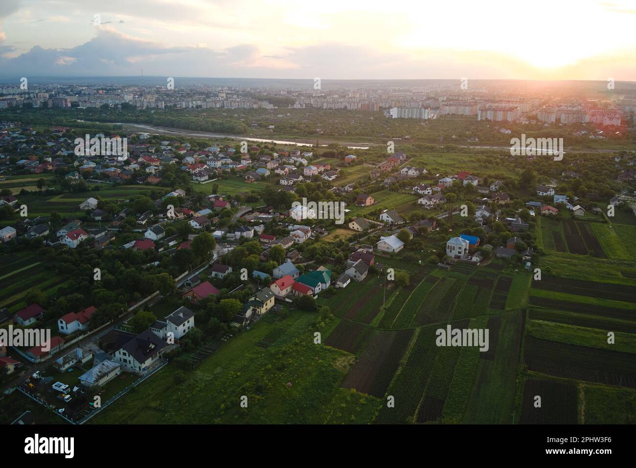 Aerial landscape view of green cultivated agricultural fields with ...