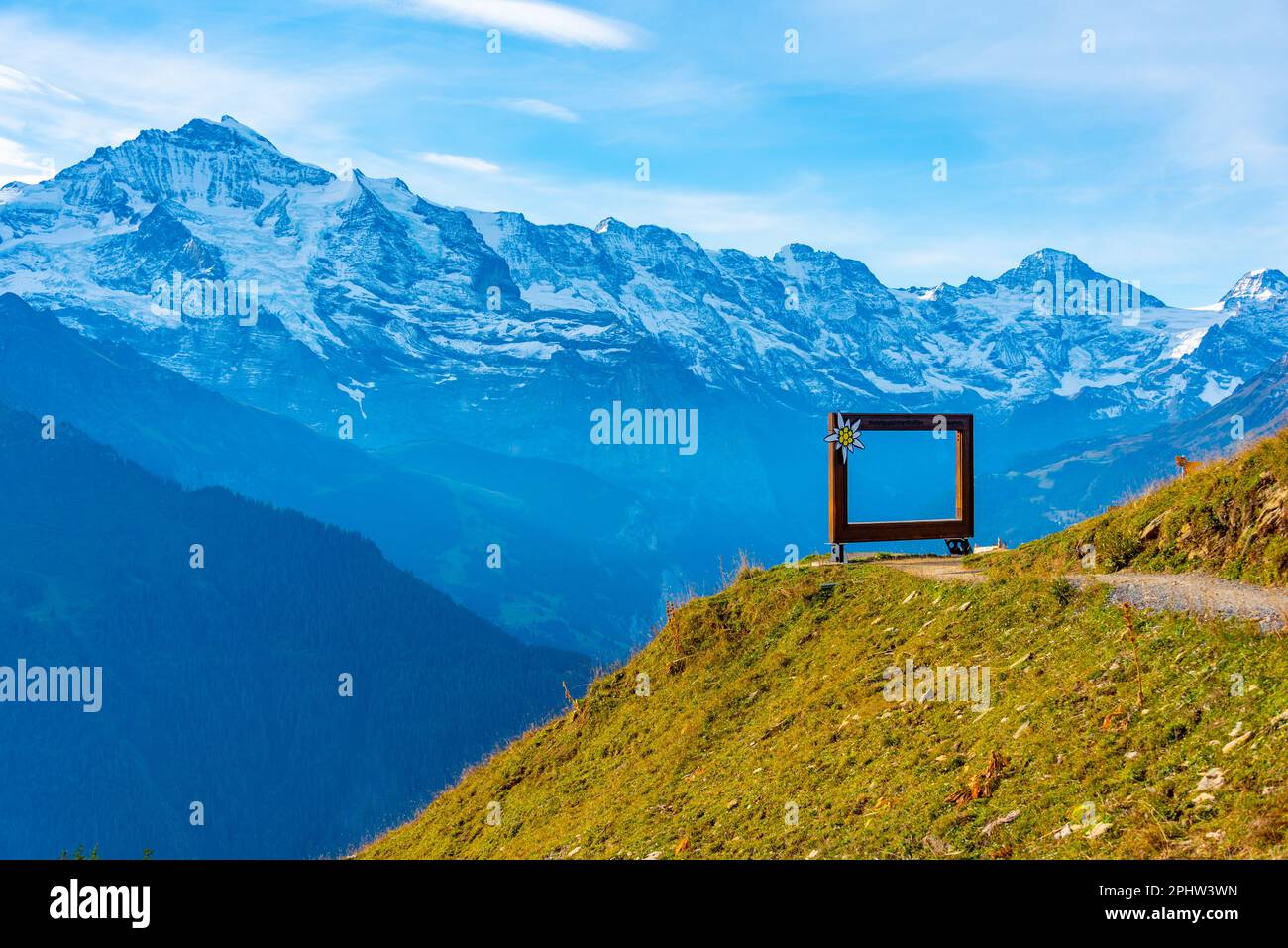 Tourist frame and Panorama view of Bernese Alps from Schynige Platte in ...