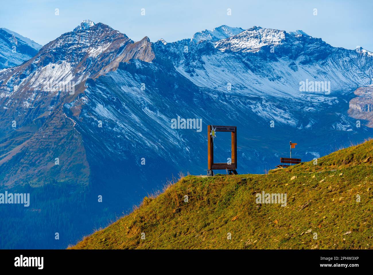 Tourist frame and Panorama view of Bernese Alps from Schynige Platte in ...