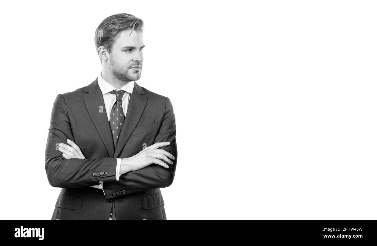 Serious confident professional man in formal suit keep arms crossed ...
