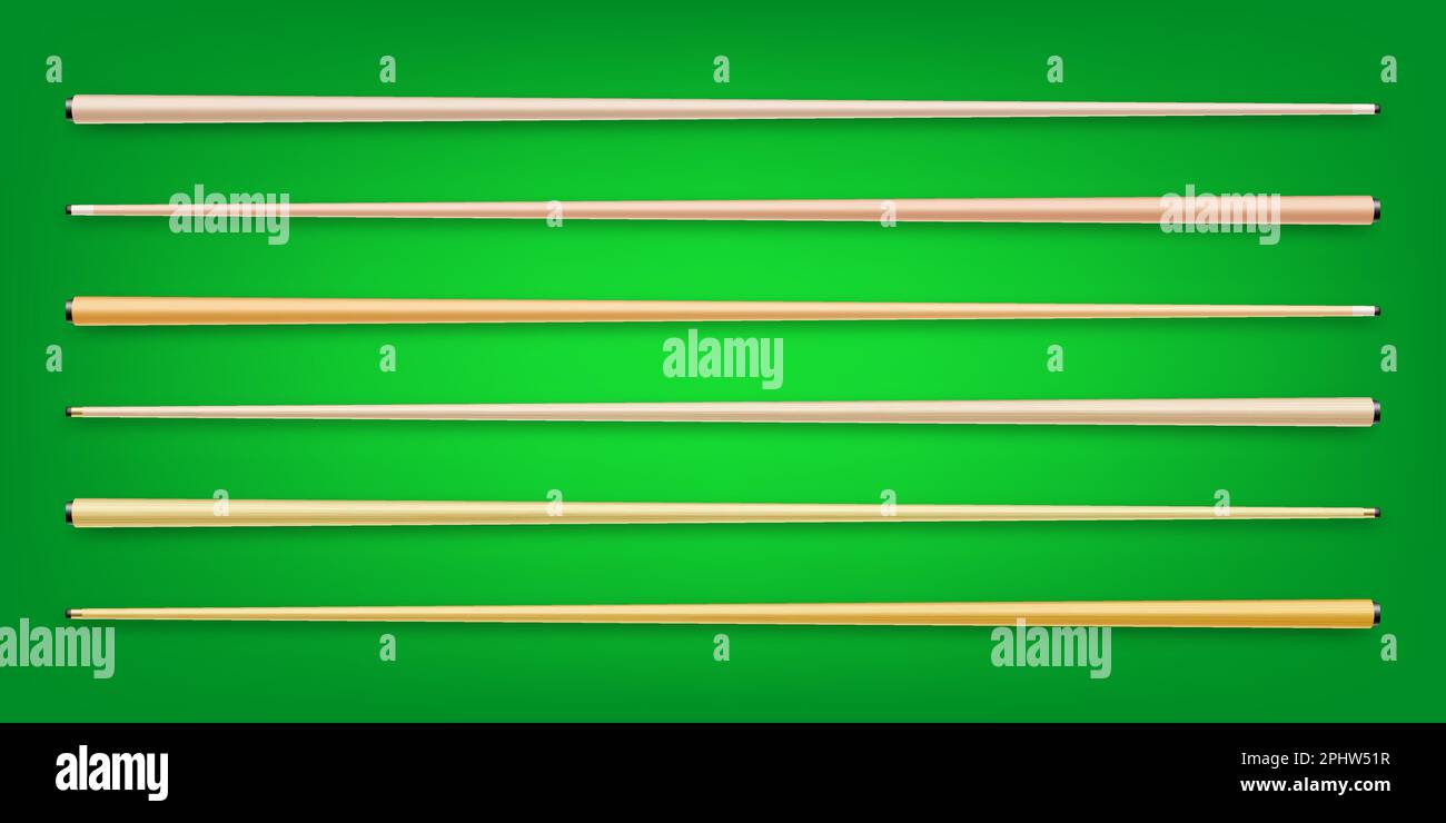 Various wooden billiard cues on green background. Snooker sports equipment. Vintage pool cue ...