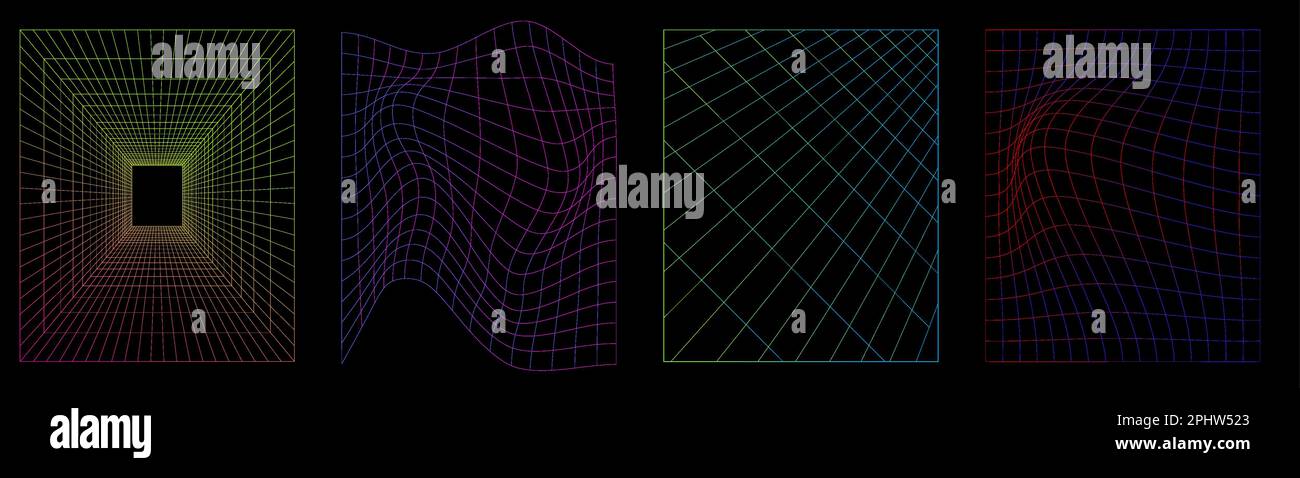 Set of distorted neon grid pattern. 3D abstract posters, patterns ...