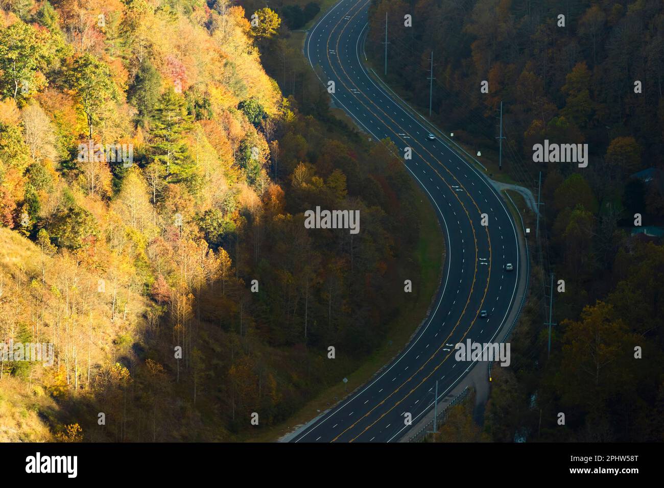 Aerial view of highway road in North Carolina through Appalachian ...