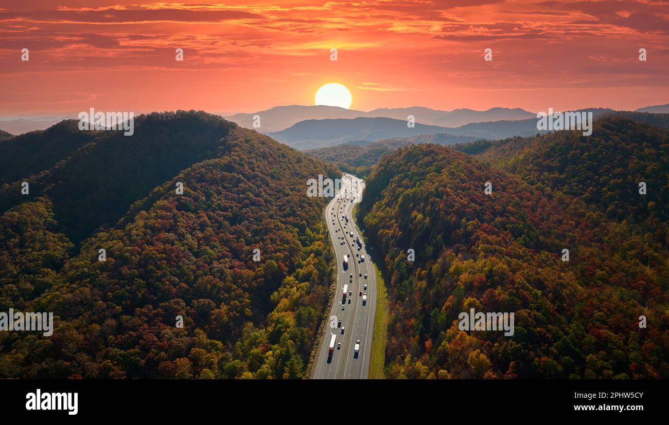 Aerial view of I-40 freeway in North Carolina leading to Asheville ...