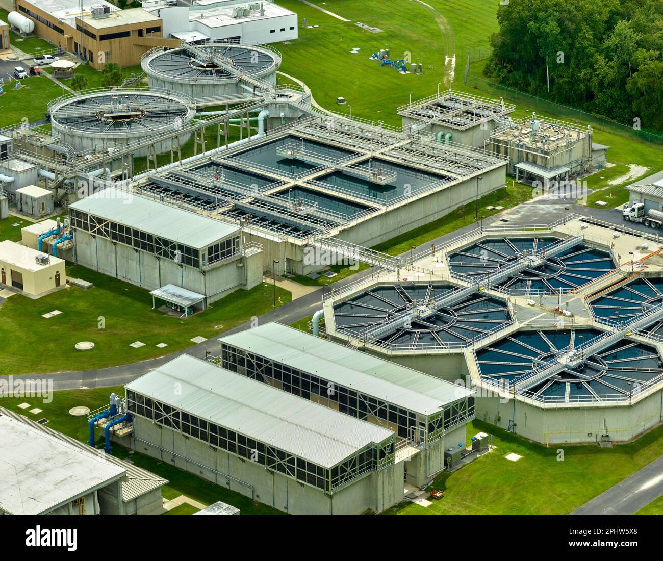 Aerial view of modern water cleaning facility at urban wastewater ...