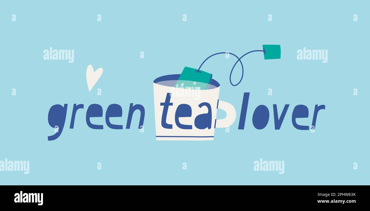 Green tea lover. A mug with a tea bag inside. Cute vector illustration ...