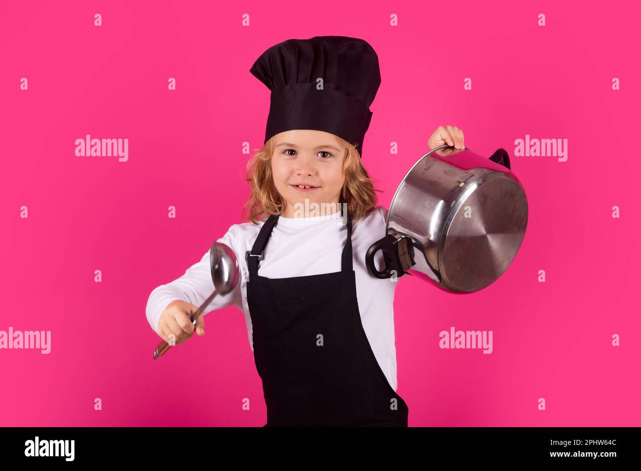 Fynny kid chef cook with cooking pot and ladle. Child cooking, little ...