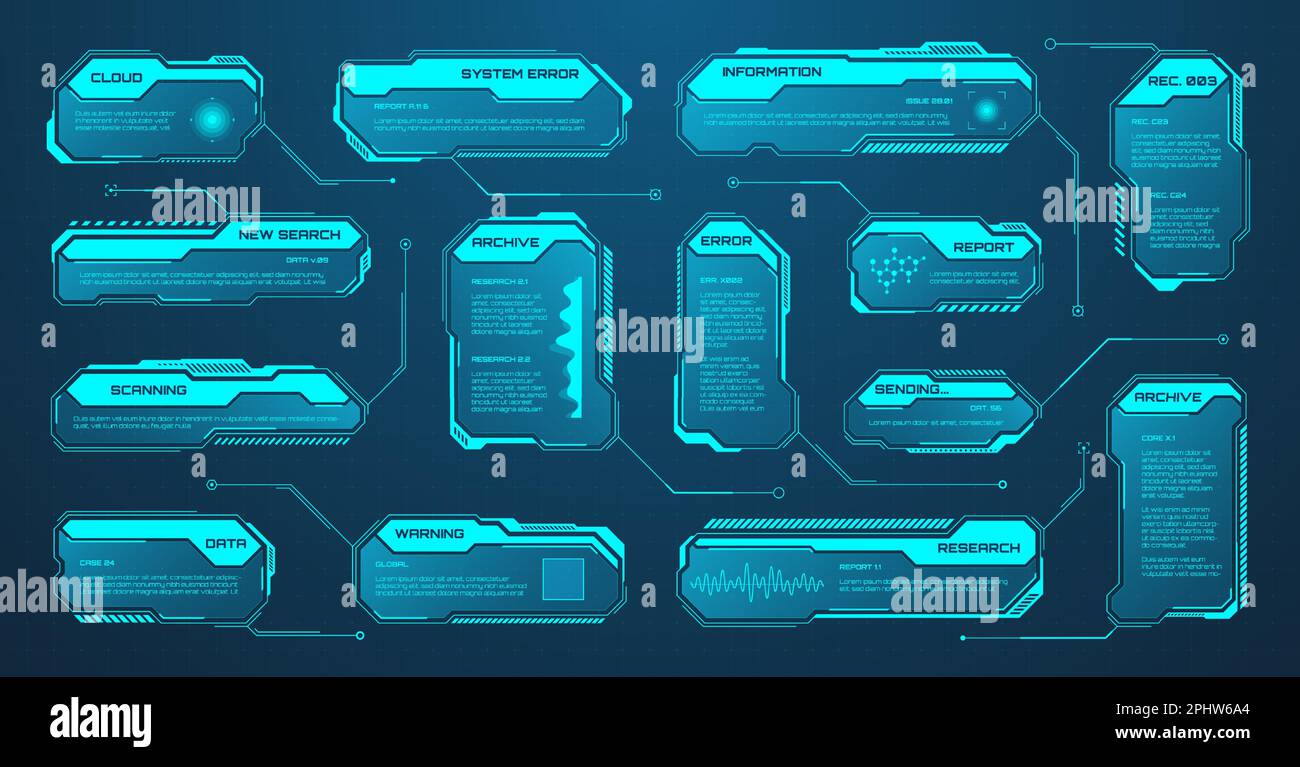 Blue futuristic HUD or UI elements. Sci-fi user interface text boxes, callouts. Warning message ...