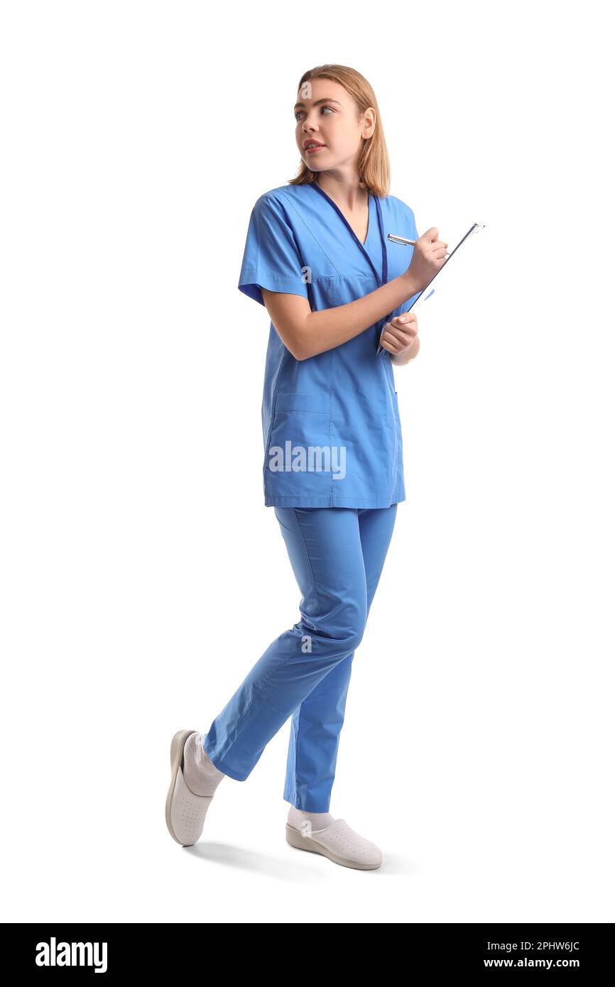 Female intern with clipboard on white background Stock Photo - Alamy