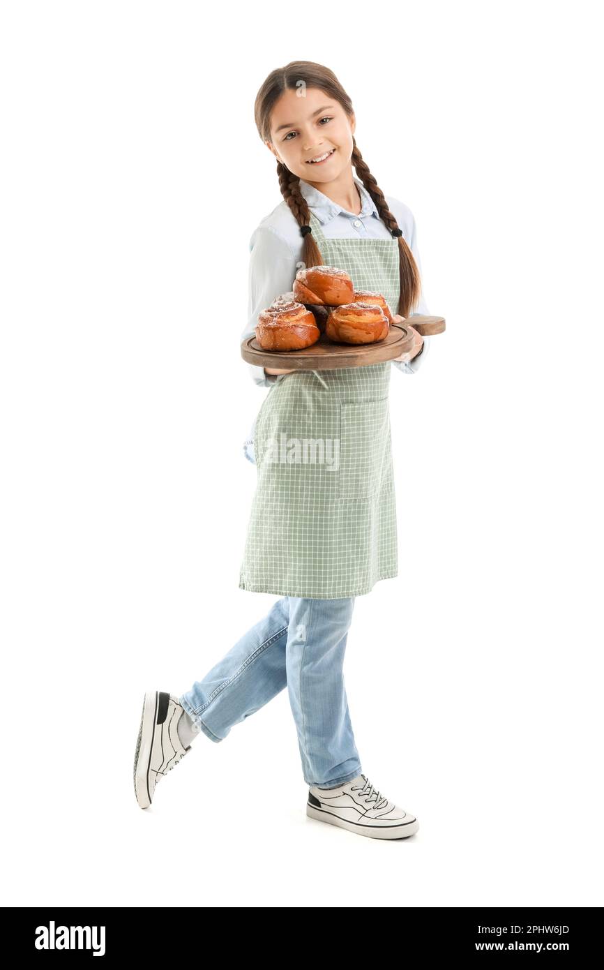 Little baker with board of tasty buns on white background Stock Photo ...