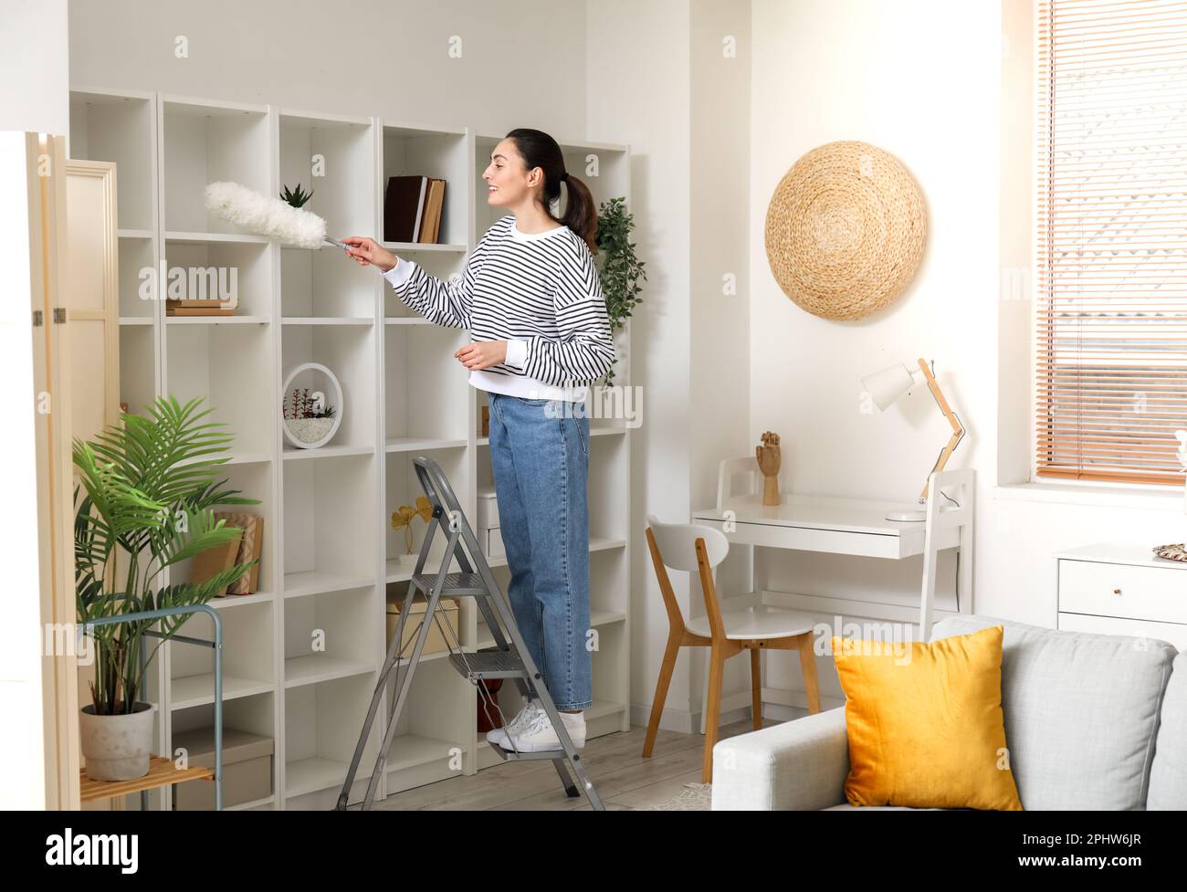 Young woman on stepladder cleaning bookshelf with duster at home Stock ...