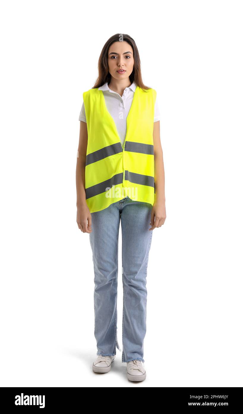 Female worker in vest on white background Stock Photo - Alamy