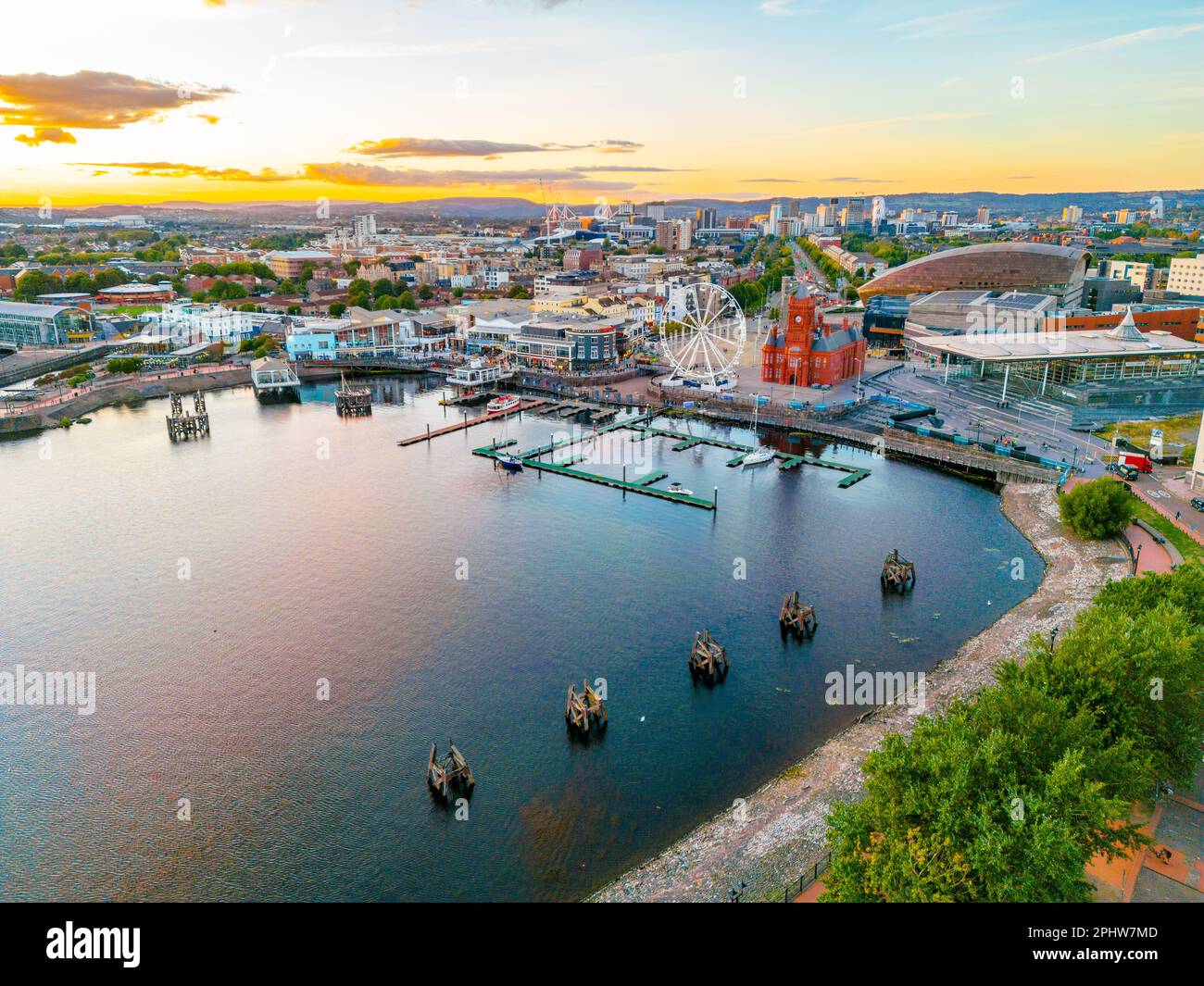 Sunset panorama view of Cardiff bay in Wales Stock Photo - Alamy