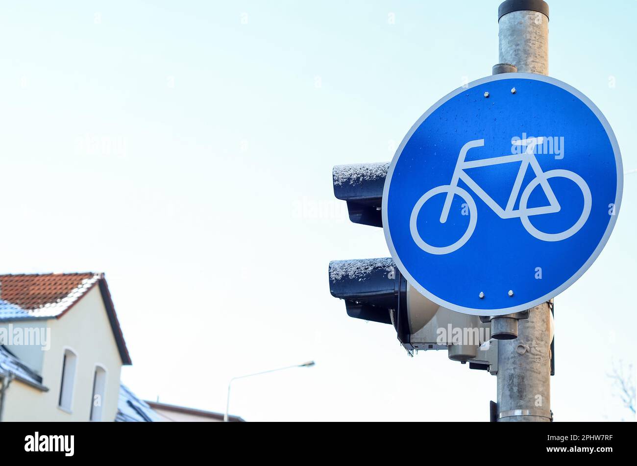 View of bicycle lane sign and traffic lights in city, closeup Stock ...