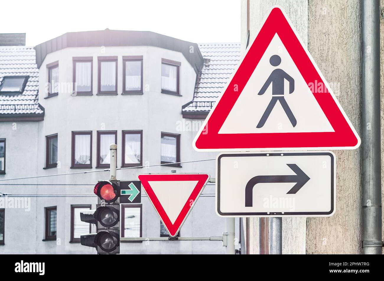 View of traffic signs in city, closeup Stock Photo - Alamy