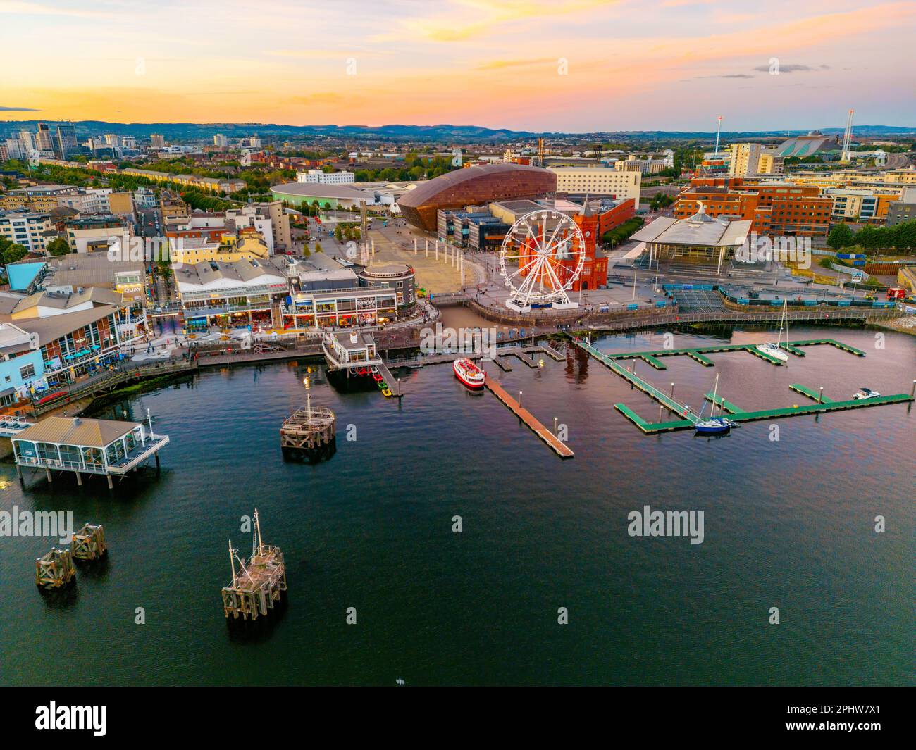 Sunset panorama view of Cardiff bay in Wales Stock Photo - Alamy