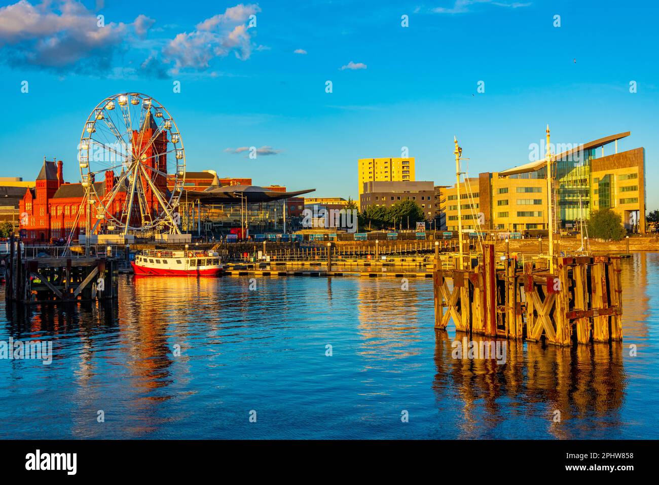 Sunset skyline of Cardiff bay and Mermaid Quay in Wales, UK Stock Photo ...