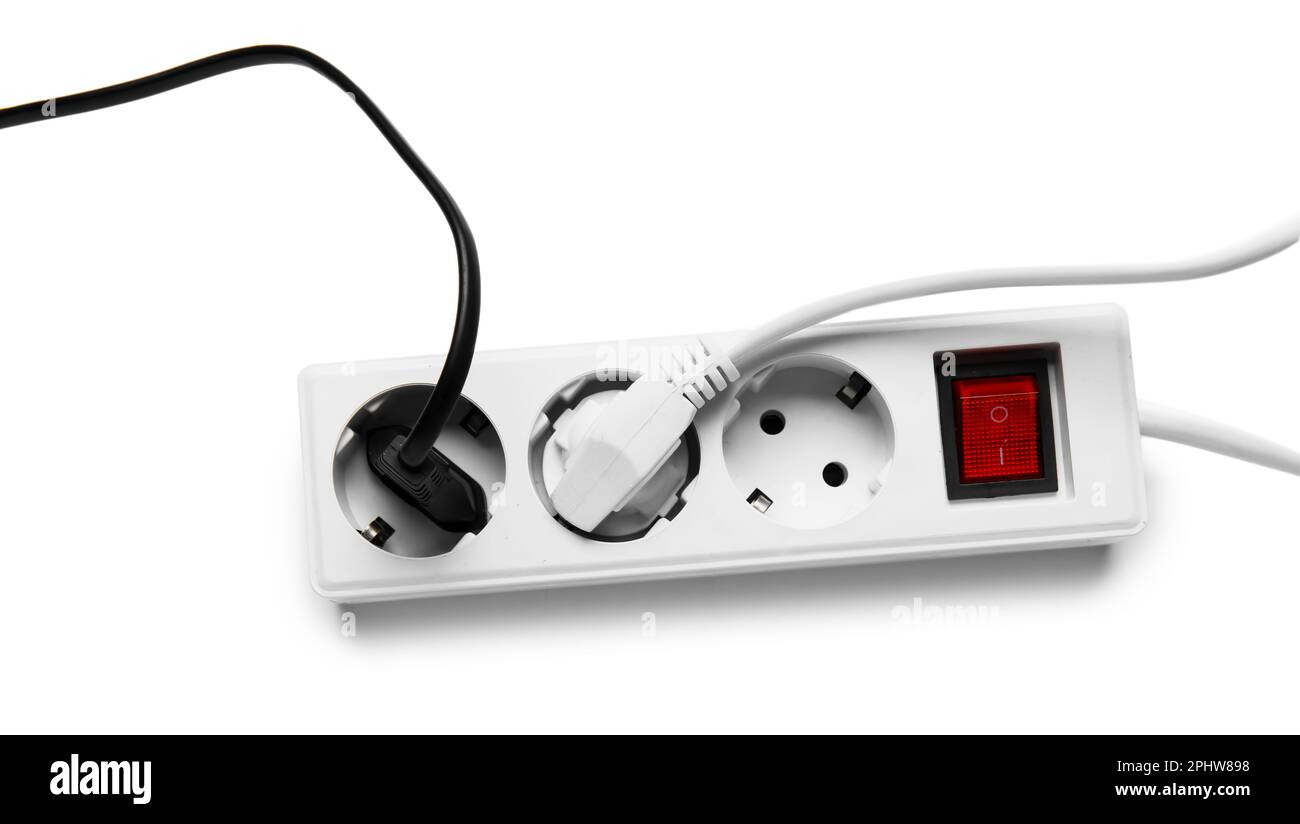 Electric extension cord with plugs isolated on white background Stock ...