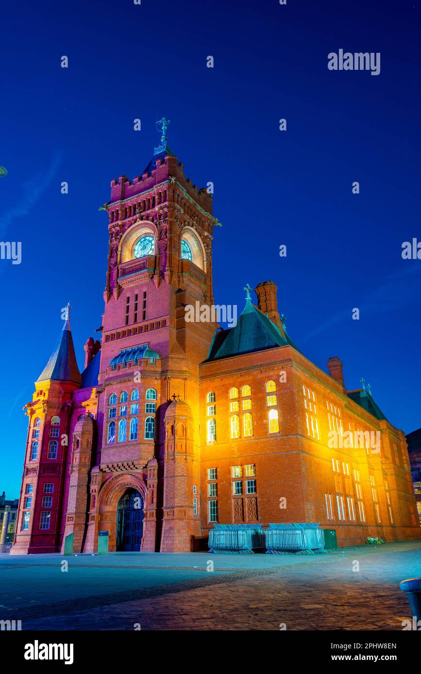 Night view of the Pierhead building at Cardiff bay in Wales, UK Stock ...