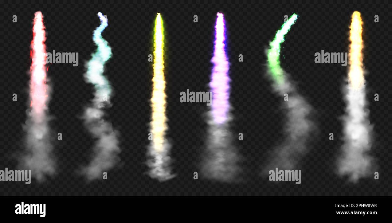 Realistic colorful space rocket trails. Festive fireworks launch. Fire ...