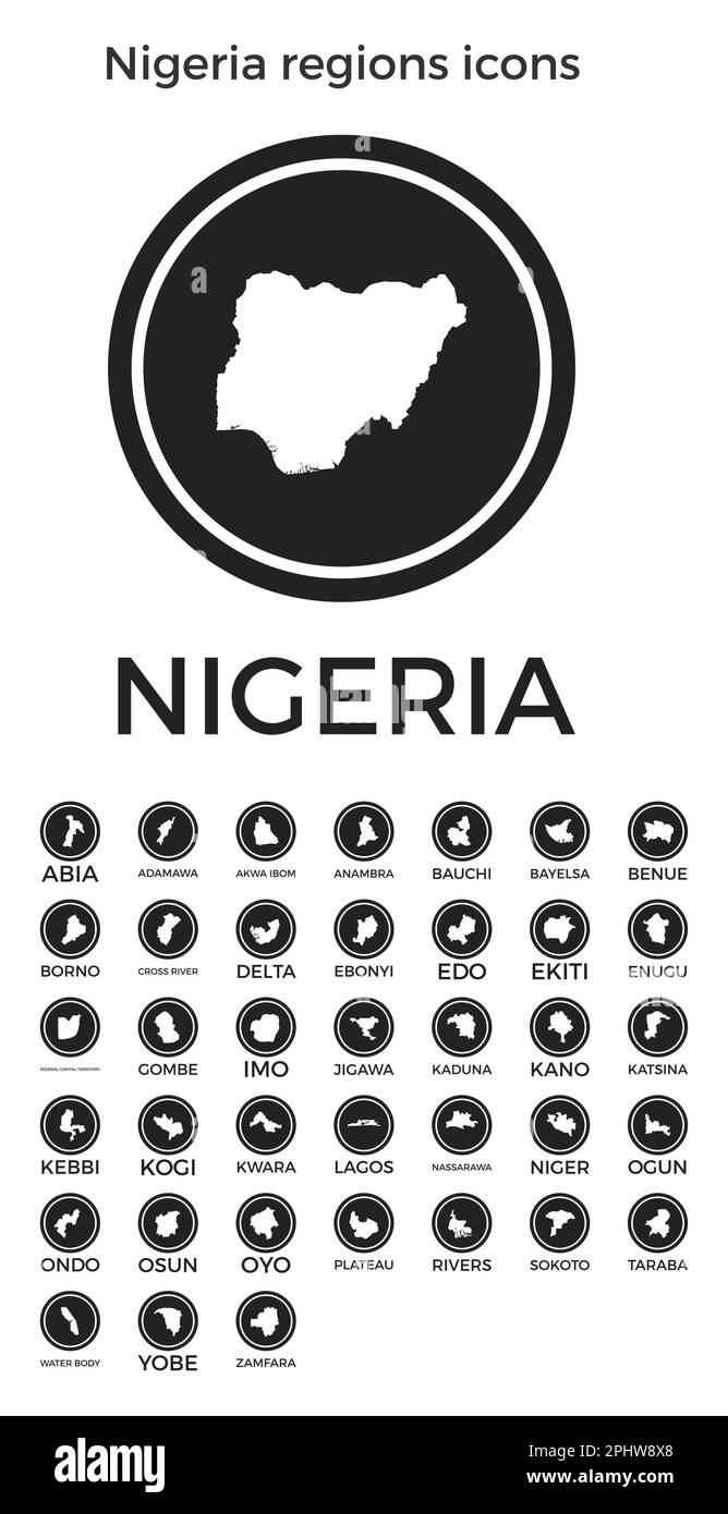 Nigeria regions icons. Black round logos with country regions maps and ...