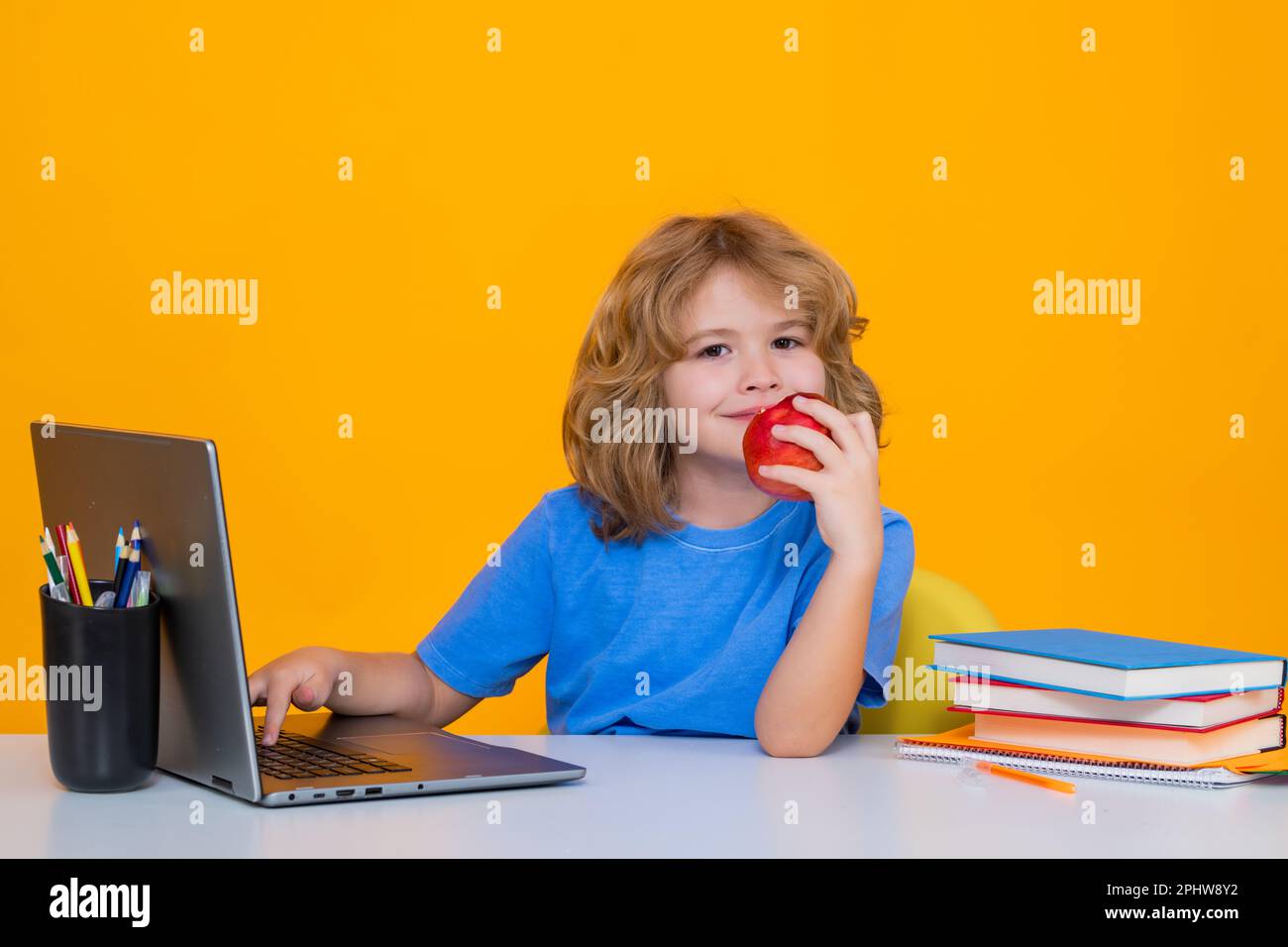 School child using laptop computer. School kid student learning, study ...