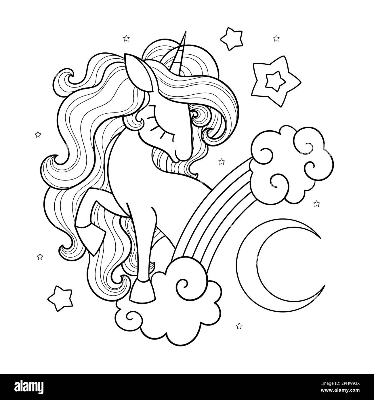 Cute unicorn and rainbow. Black and white linear drawing. For children ...