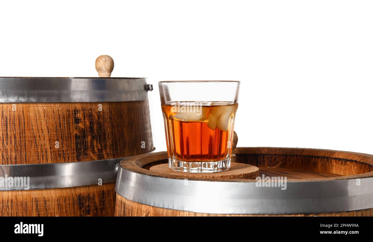 Wooden barrels and glass of cold rum on white background Stock Photo ...
