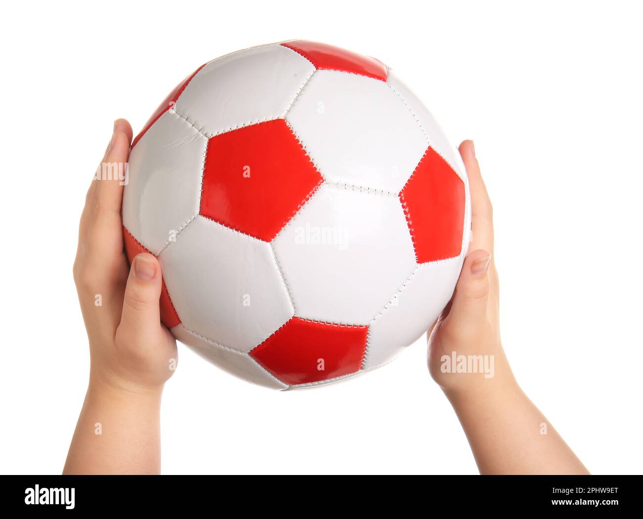 Hands with soccer ball on white background Stock Photo - Alamy