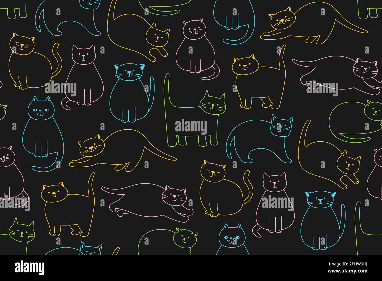 Cats cute doodle linear seamless pattern. Kitty purebred different ...