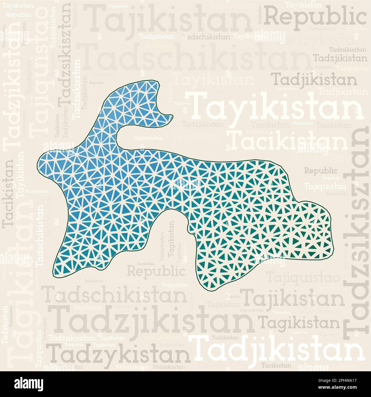 Tajikistan map design. Country names in different languages and map ...