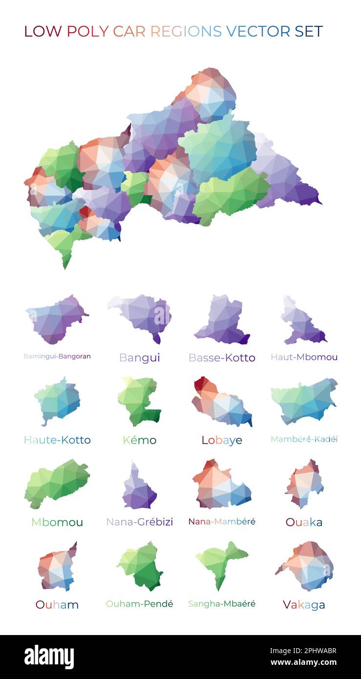 Central African low poly regions. Polygonal map of CAR with regions. Geometric maps for your ...
