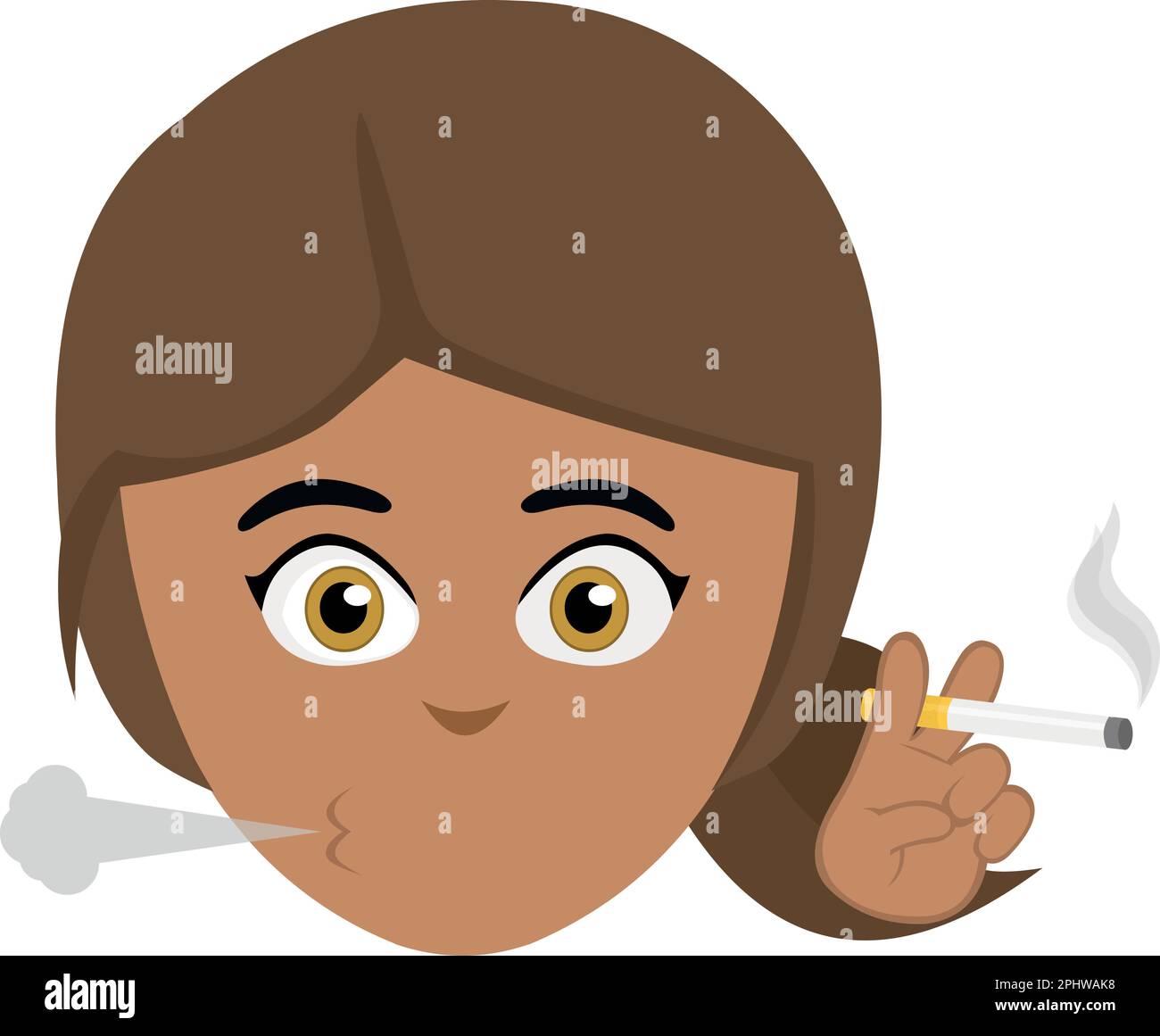 Vector Illustration Face Of A Cartoon Brunette Woman Or Girl Smoking A