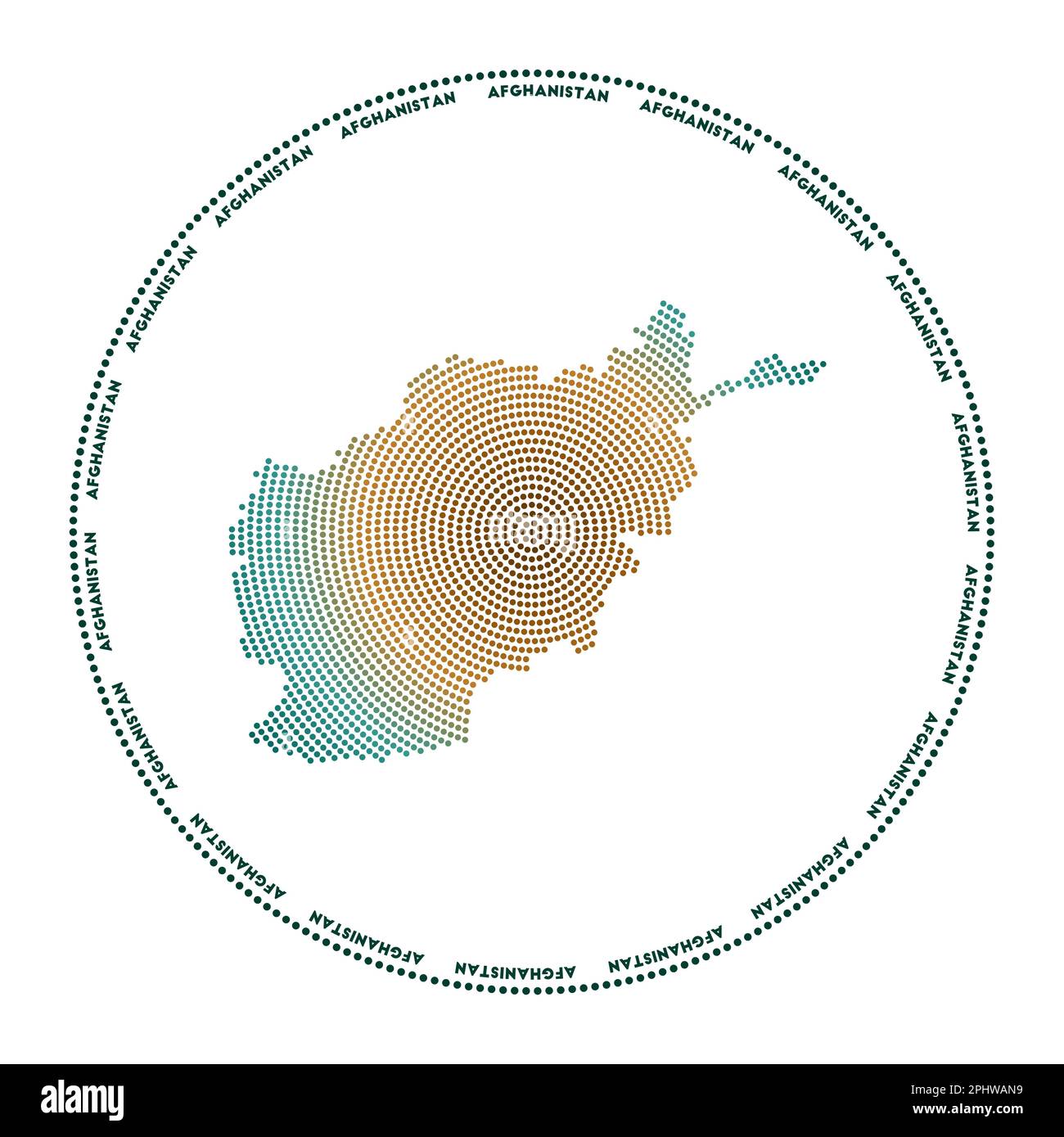 Afghanistan round logo. Digital style shape of Afghanistan in dotted circle with country name ...