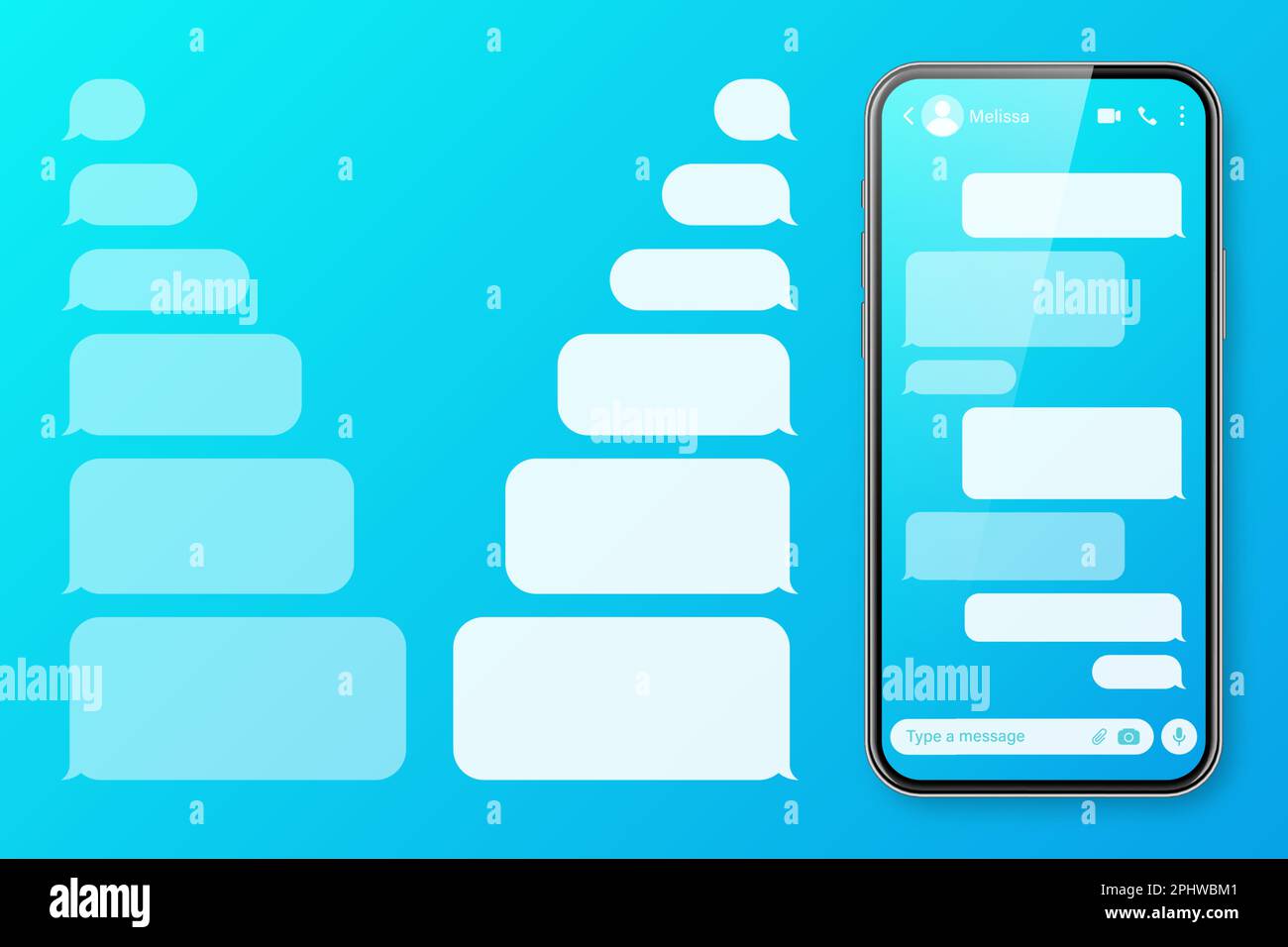 Realistic smartphone with messaging app on colorful blue background ...