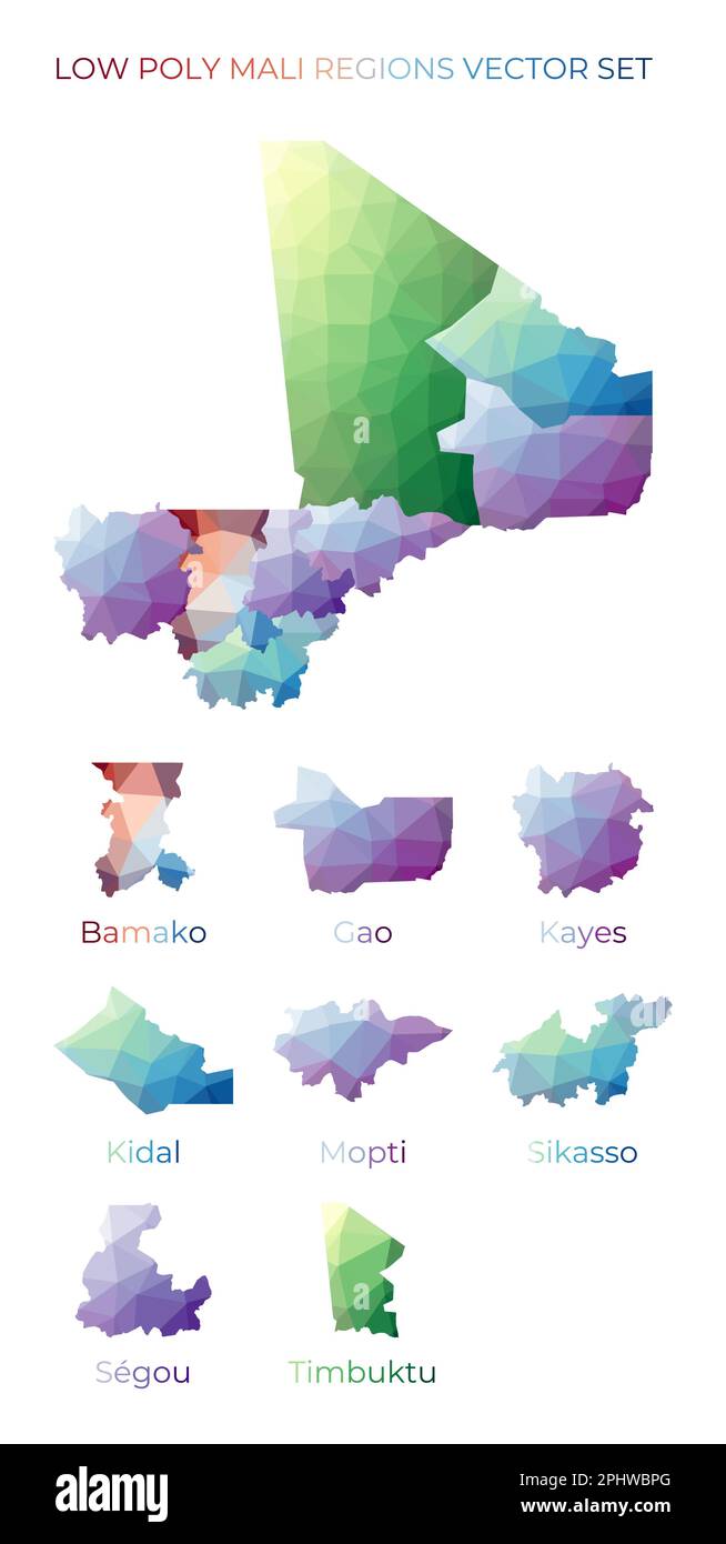 Malian low poly regions. Polygonal map of Mali with regions. Geometric maps for your design ...