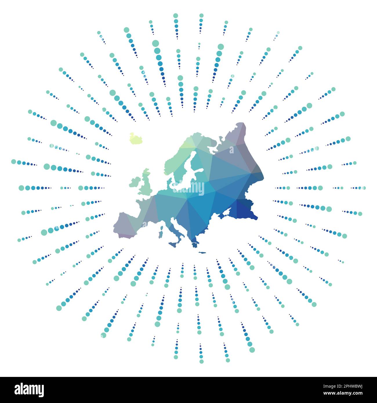 Shape of Europe, polygonal sunburst. Map of the continent with colorful ...