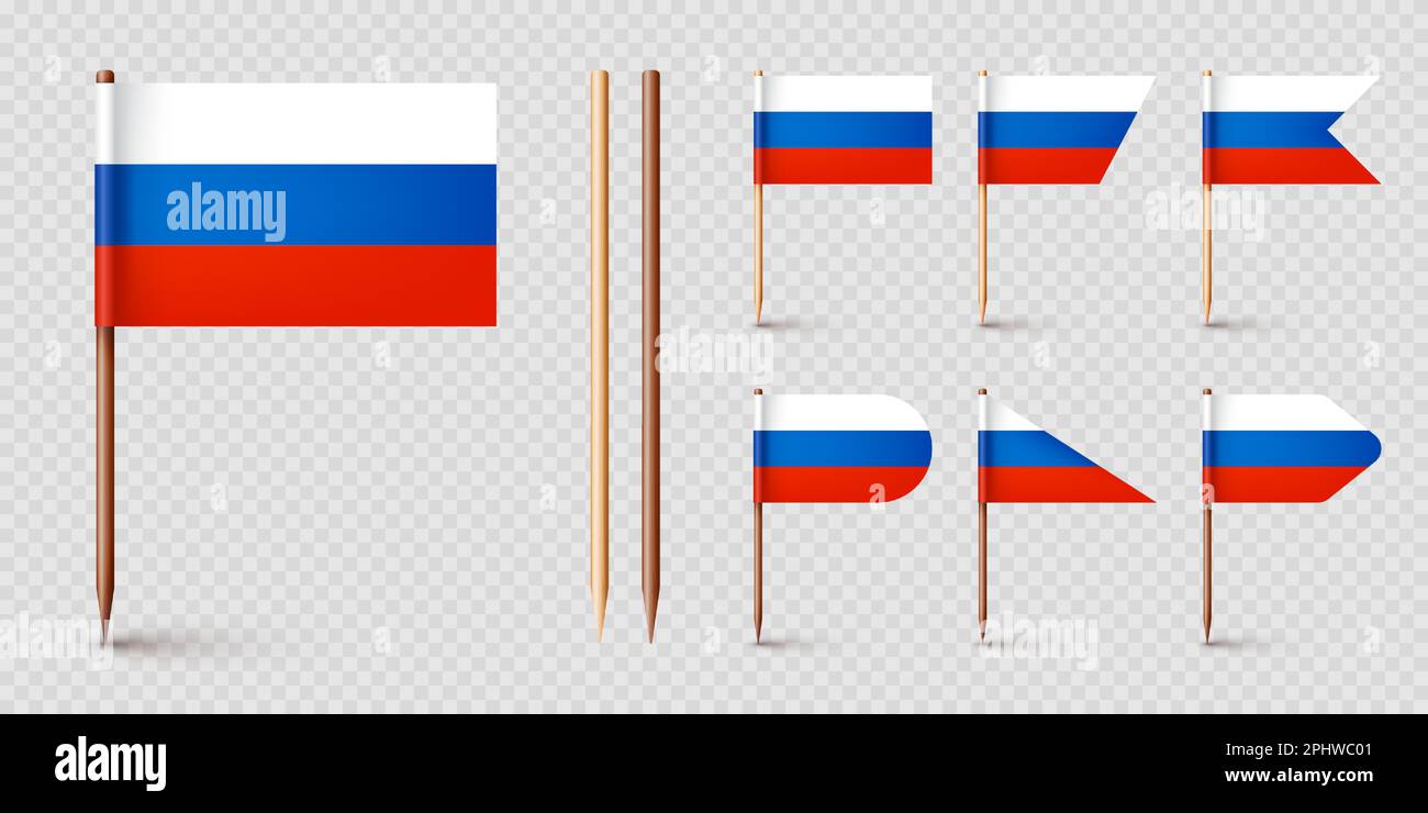 Realistic various Russian toothpick flags. Souvenir from Russia. Wooden ...