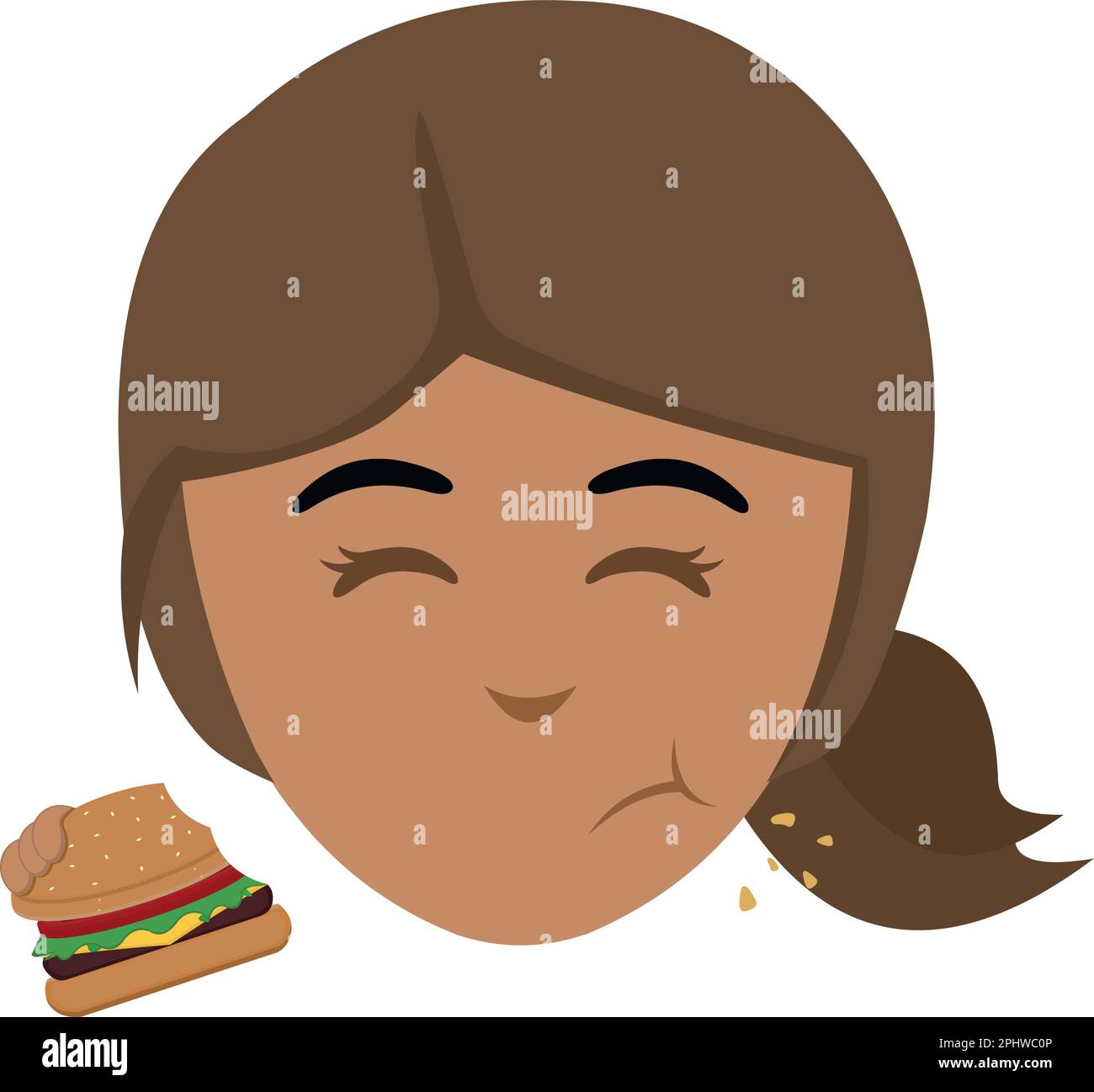 Vector Illustration Face Of A Cartoon Brunette Woman Or Girl Eating A