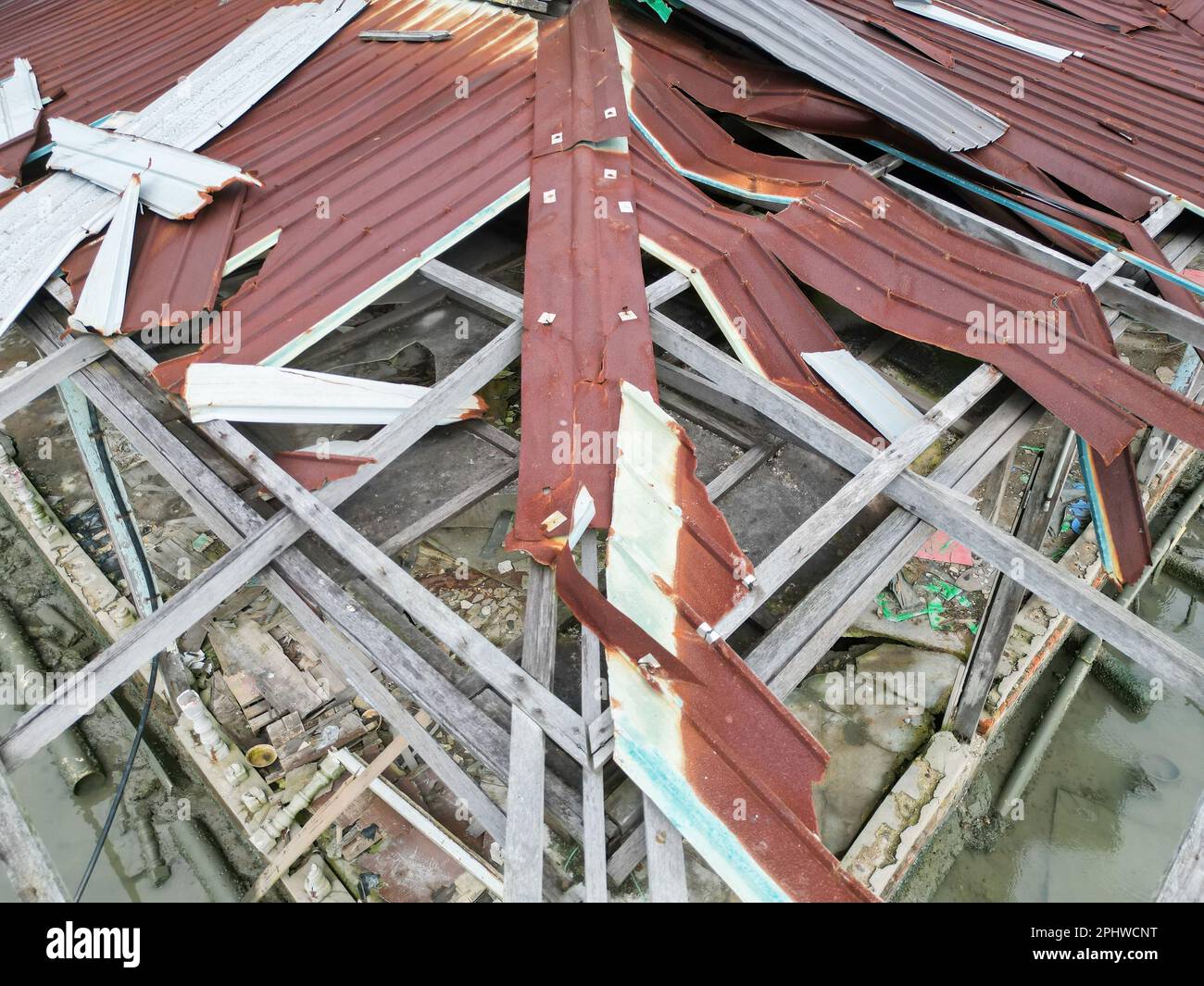 Aerial top down view the old broken zinc cover at building Stock Photo ...