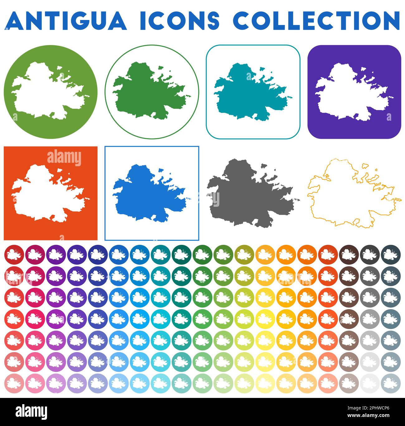 Antigua icons collection. Bright colorful trendy map icons. Modern Antigua badge with island map ...