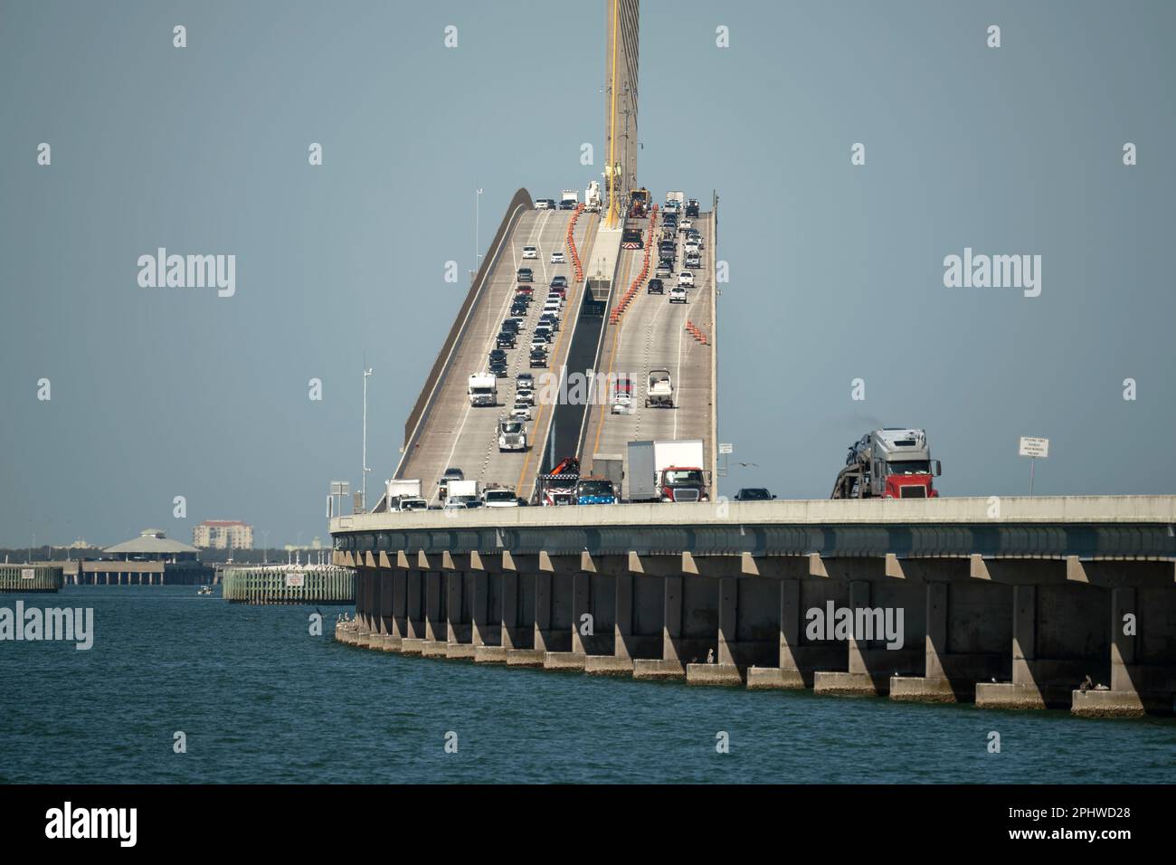 Sunshine Skyway Bridge over Tampa Bay in Florida with moving traffic ...