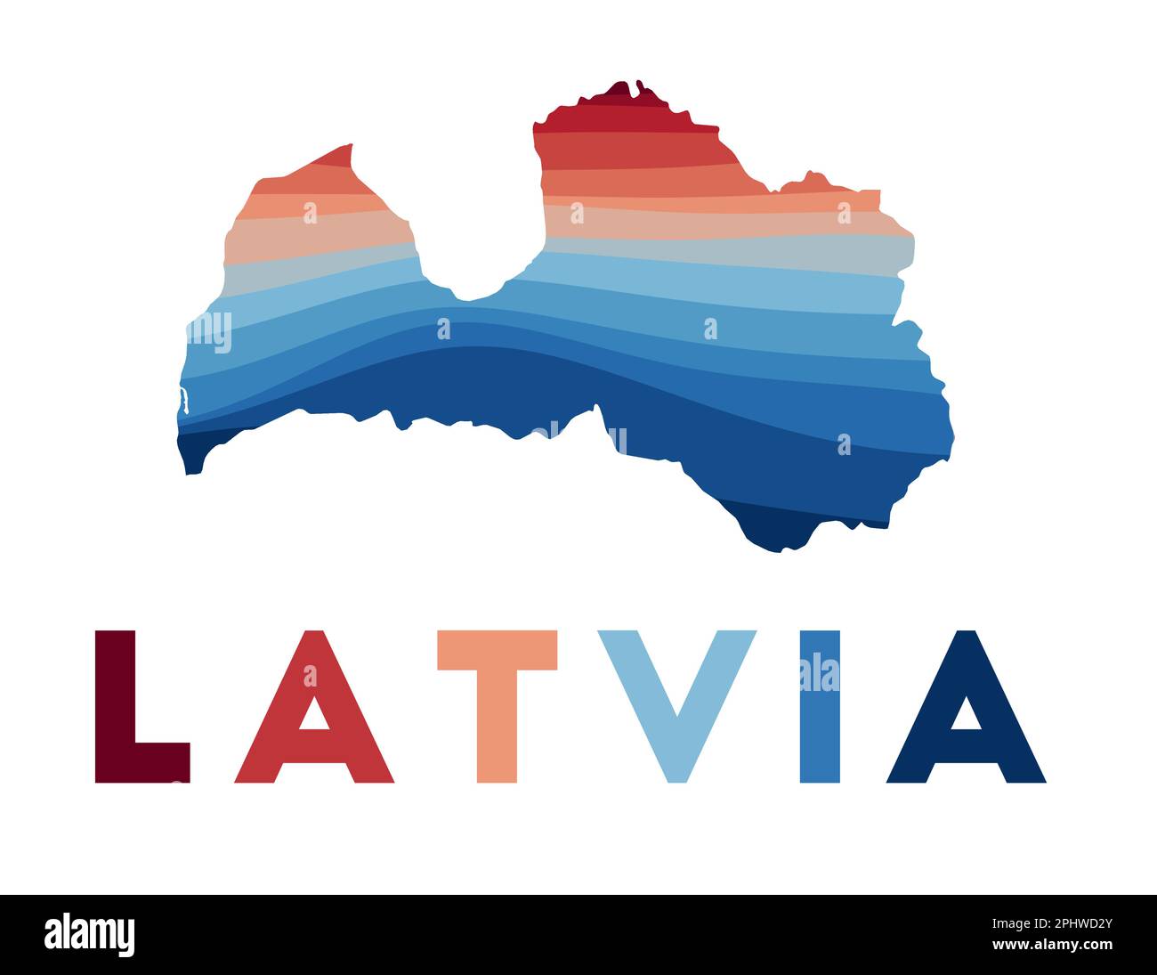 Latvia map. Map of the country with beautiful geometric waves in red and blue colors. Vivid ...
