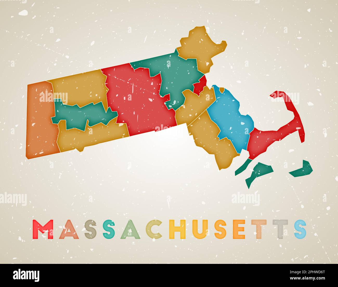 Massachusetts map. US state poster with colored regions. Old grunge ...